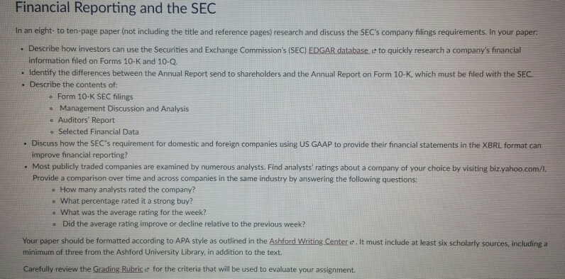 Solved Financial Reporting and the SEC In an eight- to | Chegg.com