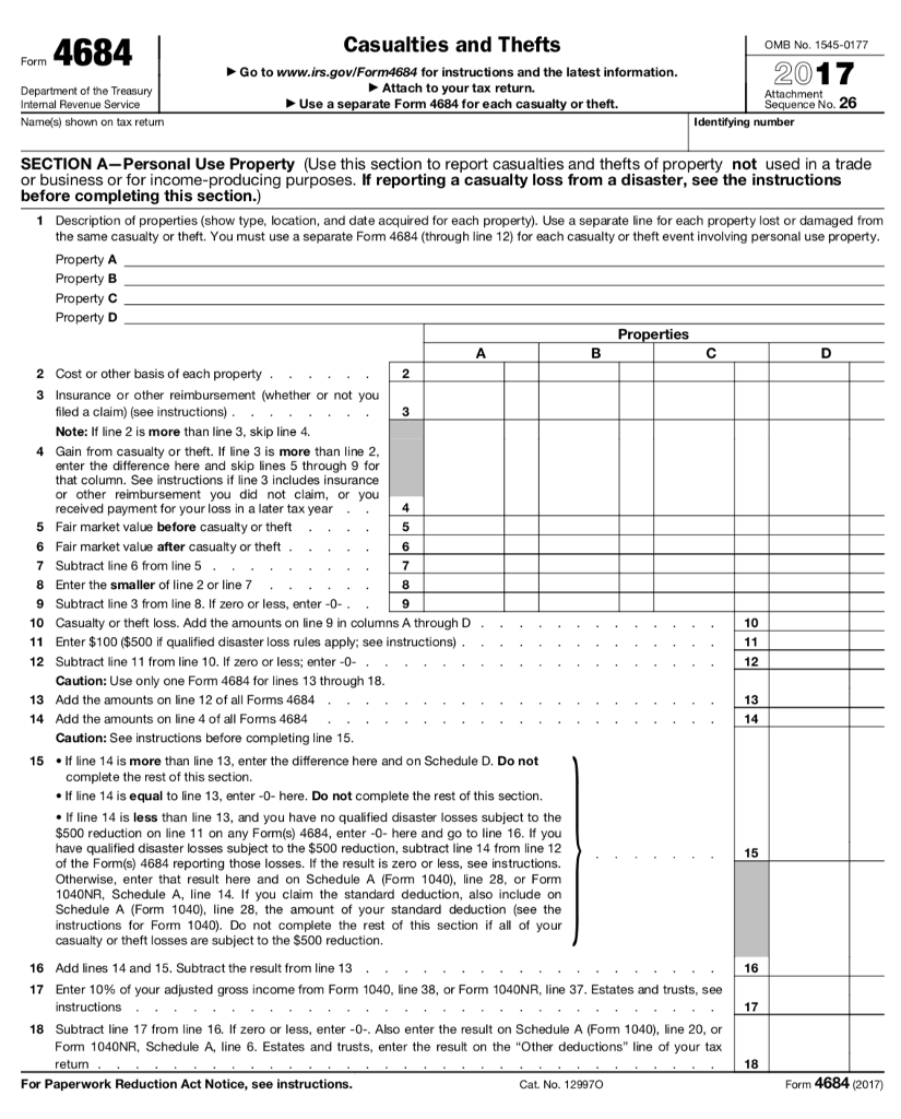 Please fill out an 2017 IRS Tax FORM 4684 Casualty | Chegg.com