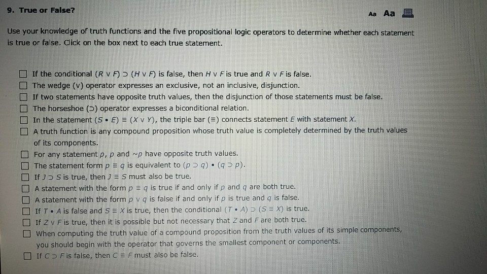 Solved 9. True or False? Aa Aa Use your knowledge of truth | Chegg.com