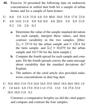 Solved Exercise 34 presented the following data on endotoxin | Chegg.com
