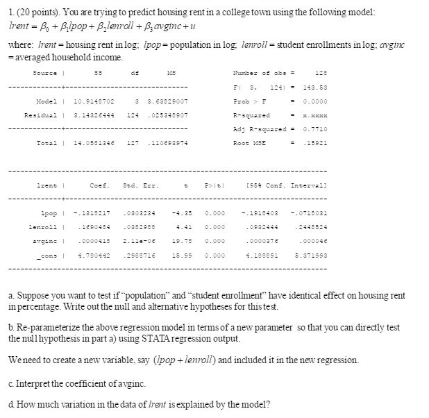 Solved You are trying to predict housing rent in a college | Chegg.com