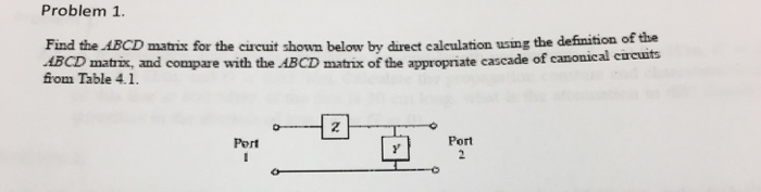 Solved Problem 1. Find the ABCD matrix for the cireuit shown | Chegg.com
