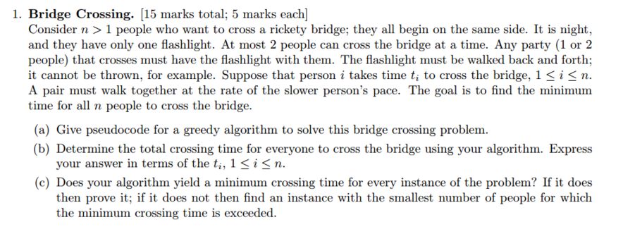 Bridge Crossing. Consider n > 1 people who want to | Chegg.com