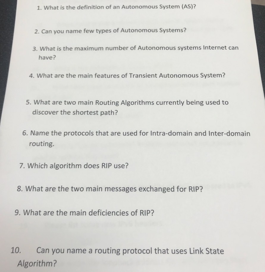 Solved 1. What is the definition of an Autonomous System | Chegg.com