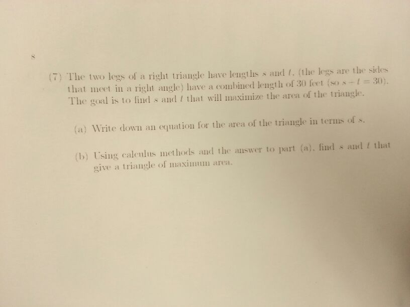 Solved The two legs (of a right triangle have lengths s and | Chegg.com