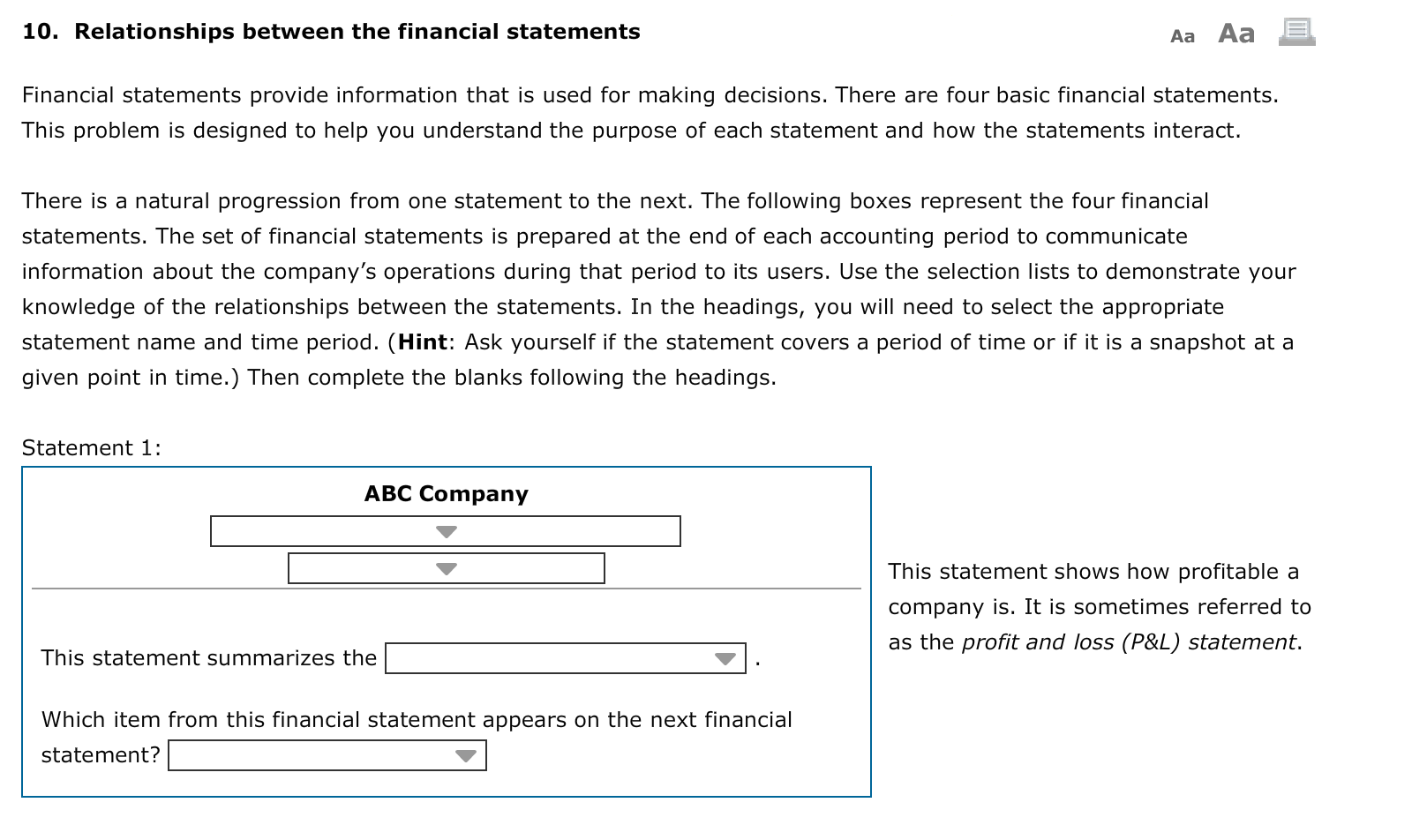 Solved 10. Relationships between the financial statements Aa | Chegg.com