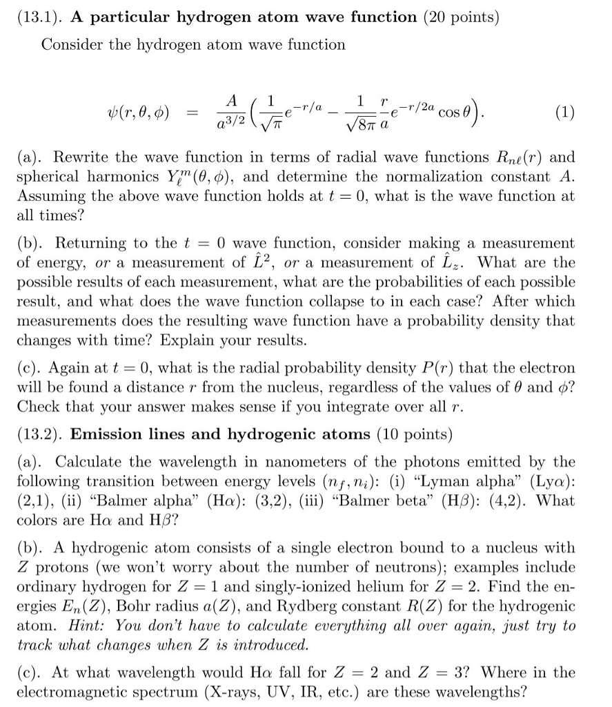 Solved 13 1 A Particular Hydrogen Atom Wave Function 20