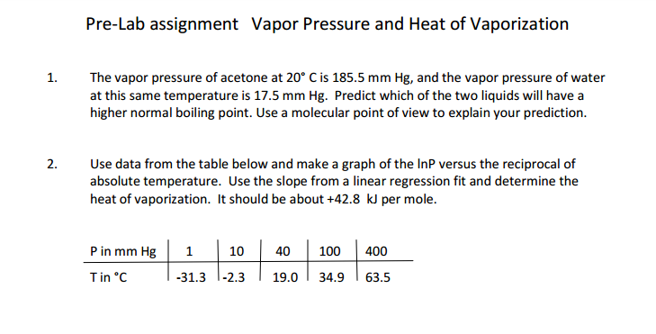 Solved Pre-Lab assignment Vapor Pressure and Heat of | Chegg.com