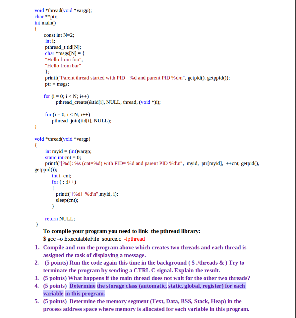 void *thread(void *vargp): char **ptr, int mainO | Chegg.com