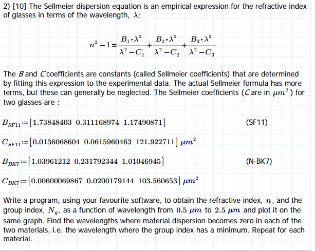 Solved The Sellmeier dispersion equation is an empirical | Chegg.com