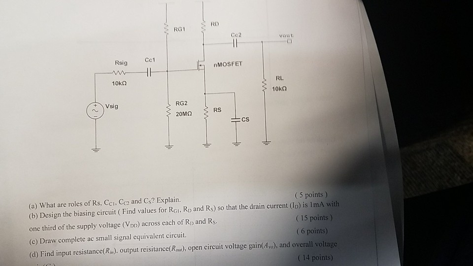 Solved VDD S VDDv Ro RG1 nMOSFET 10%0 Vsg RG2 RS 20MO (5 | Chegg.com