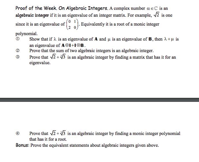 Solved Proof of the week. On Algebraic Integers. A complex | Chegg.com