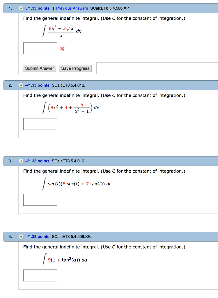 Solved 1. 0/1.33 points |Previous Answers SCalcET8 | Chegg.com