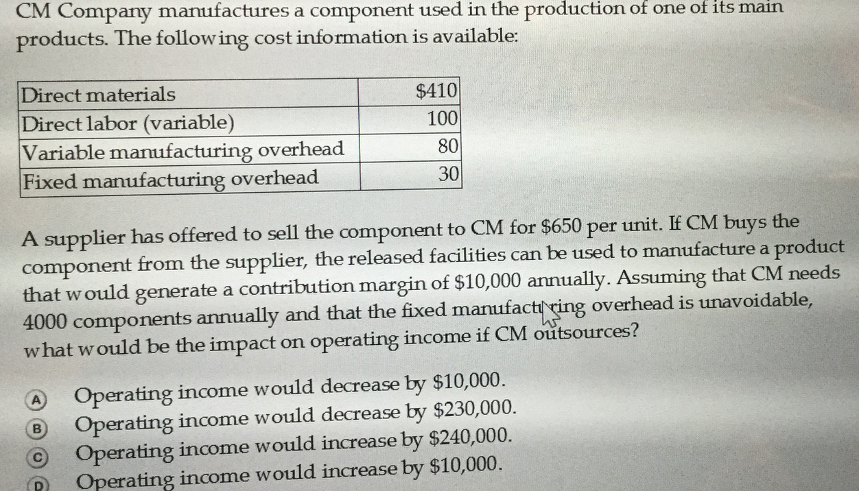 Solved CM Company manufactures a component used in the | Chegg.com