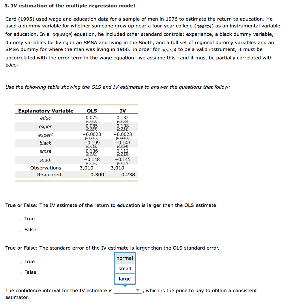 Solved IV estimation of the multiple regression model Card | Chegg.com