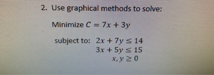 Solved Use graphical methods to solve: Minimize C = 7x + 3y | Chegg.com