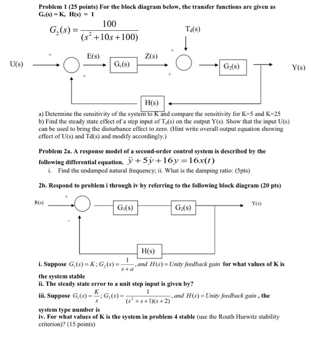 Solved For the block diagram below, the transfer functions | Chegg.com