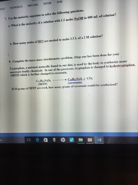Solved Use the molarity equation to solve the following | Chegg.com