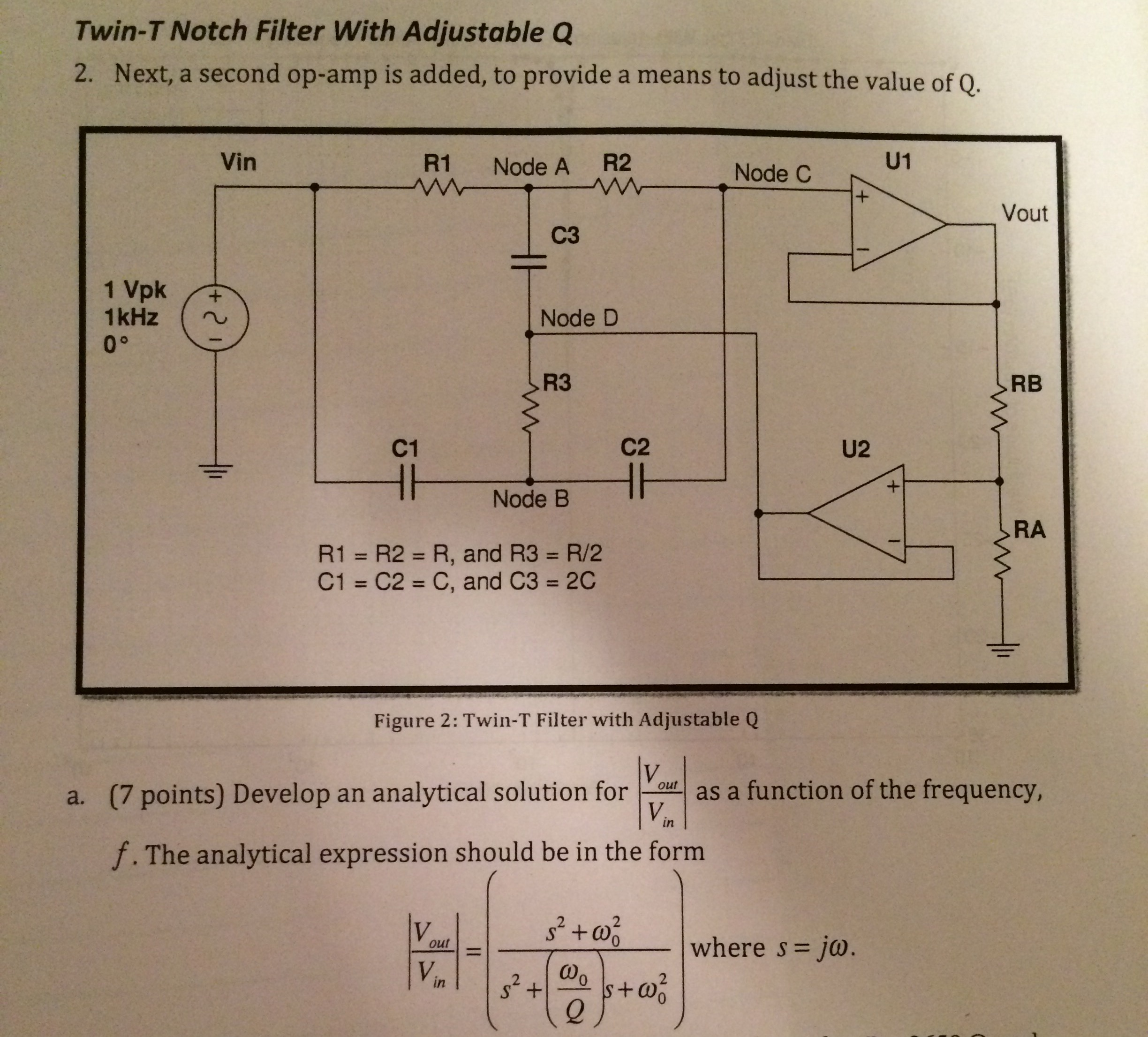 Solved Twin-T Notch Filter With Adjustable Q Next, a second | Chegg.com