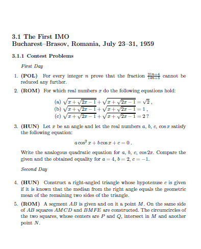 Solved 3.1 The First IMO Bucharest Brasov, Romania, July | Chegg.com