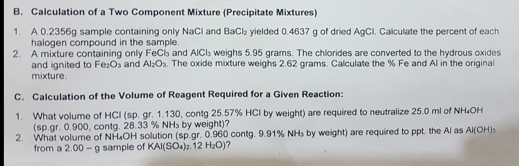 B. 1. 2. Calculation of a Two Component Mixture | Chegg.com