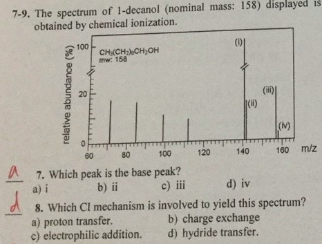 Solved 7-9. The spectrum of 1-decanol (nominal mass: 158) | Chegg.com