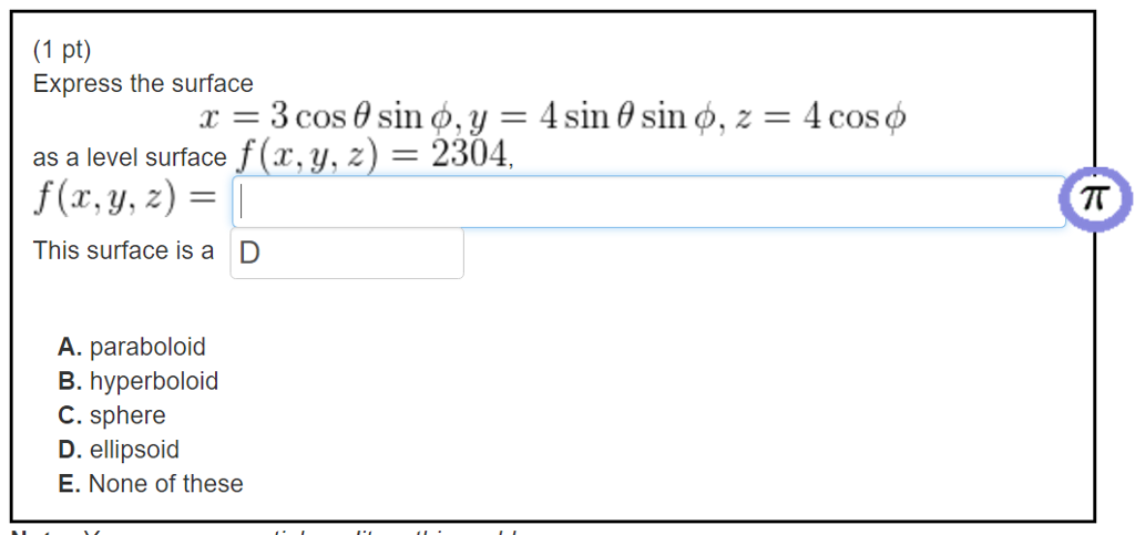 Solved Express the surface x = 3 cos theta sin phi, y = 4 | Chegg.com