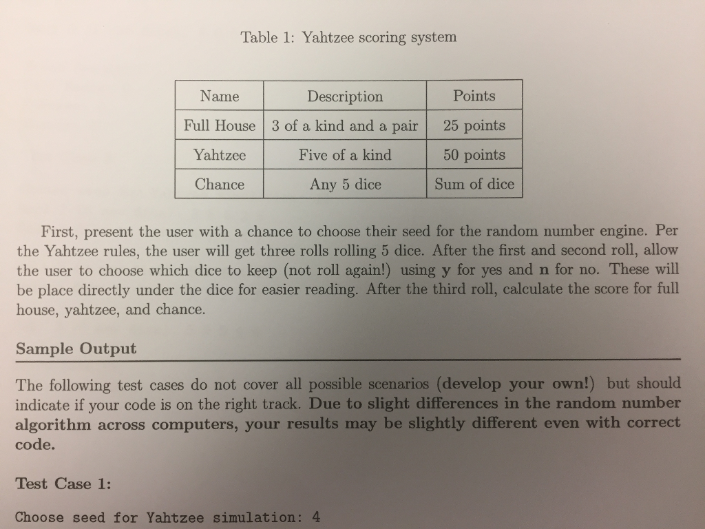 Yahtzee Implement a portion of the classic Yahtzee | Chegg.com
