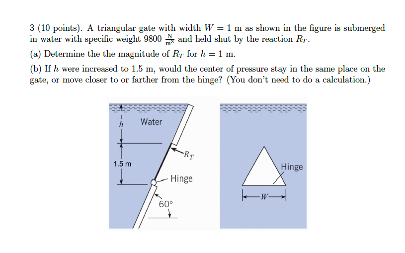 Solved A triangular gate with width W = 1 m as shown in the | Chegg.com