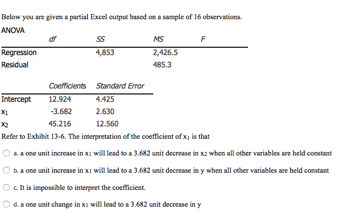 Solved Below you are given a partial Excel output based on a | Chegg.com