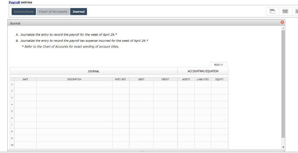 Solved Payroll entries Instructions Char of Accounts Journal | Chegg.com