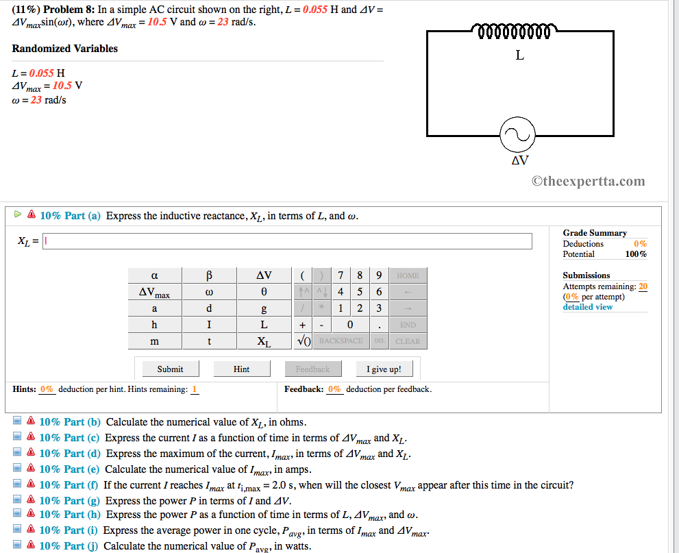 Solved (11%) Problem 8: In a simple AC circuit shown on the | Chegg.com