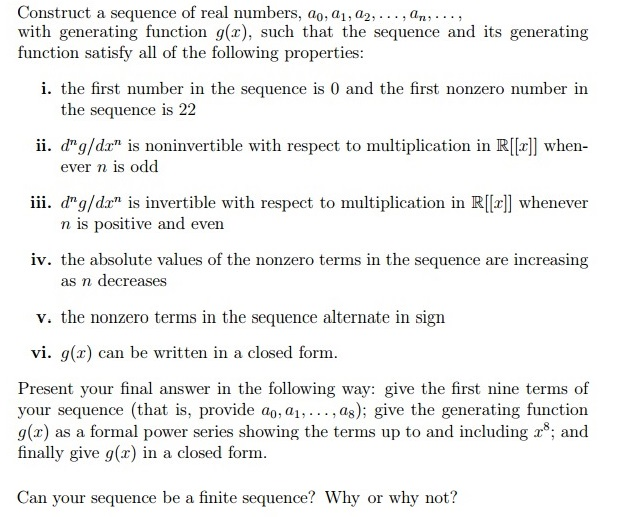 Construct a sequence of real numbers, a0, a1, a2,..., | Chegg.com