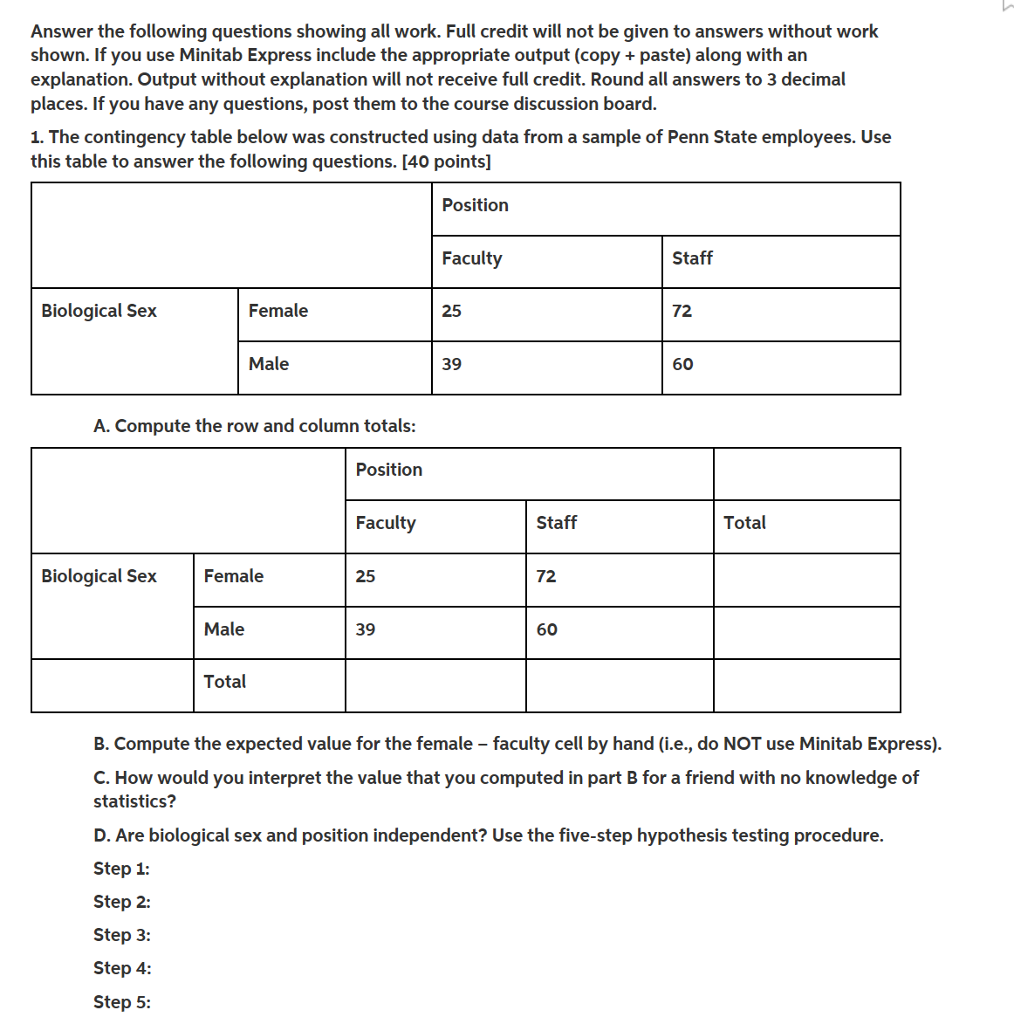Solved The contingency table below was constructed using | Chegg.com