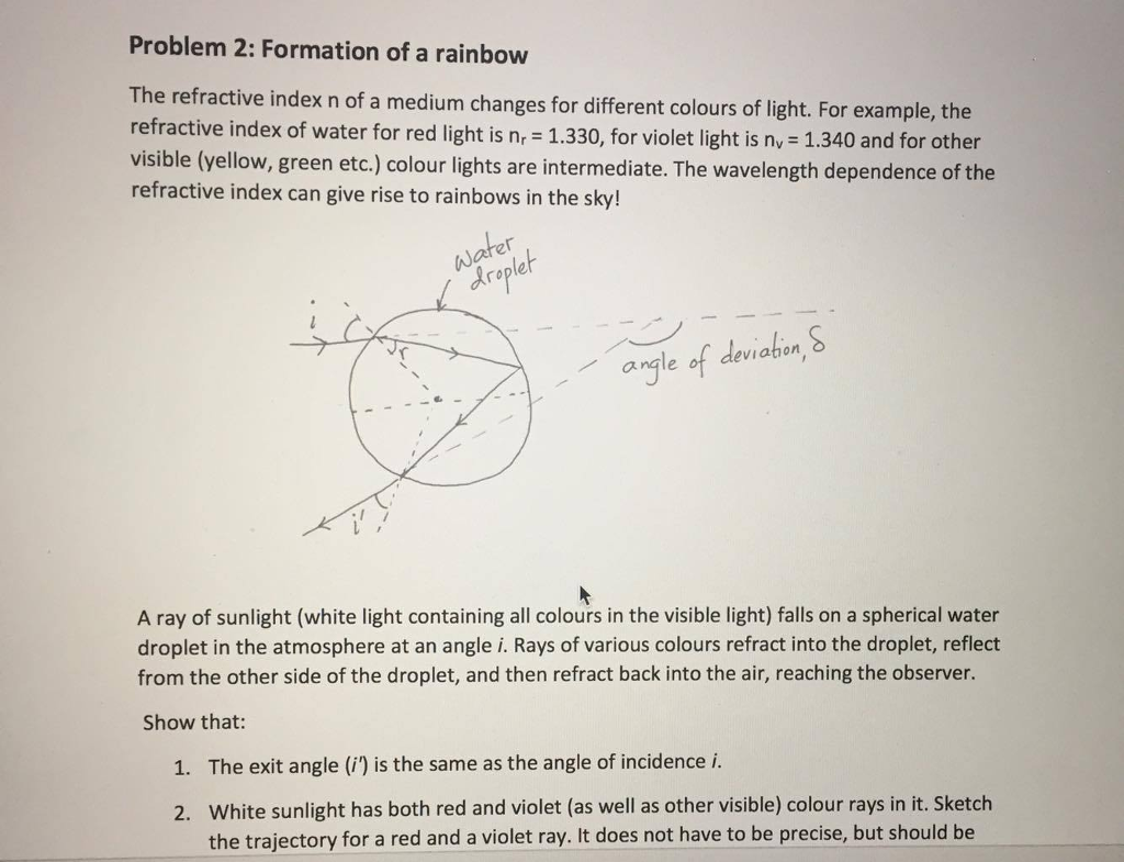 Solved Problem 2: Formation of a rainbow The refractive | Chegg.com