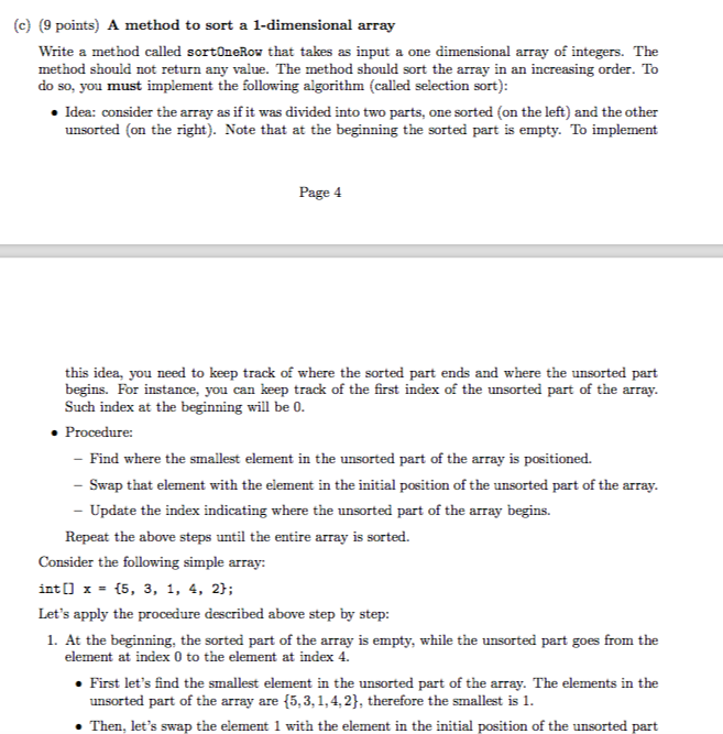 Solved (c) (9 points) A method to sort a 1-dimensional array | Chegg.com