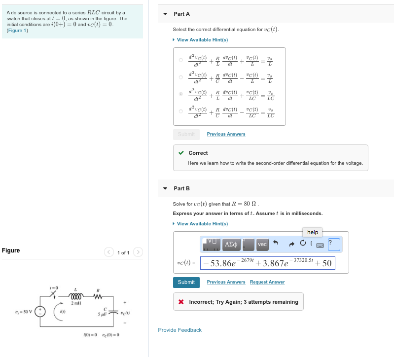 Solved A de source is connected to a series RLC circuit by a | Chegg.com