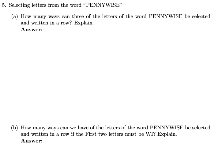 Solved 5. Selecting letters from the word "PENNYWISE" (a) | Chegg.com