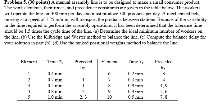 Solved Problem 5. (30 points) A manual assembly line is to | Chegg.com
