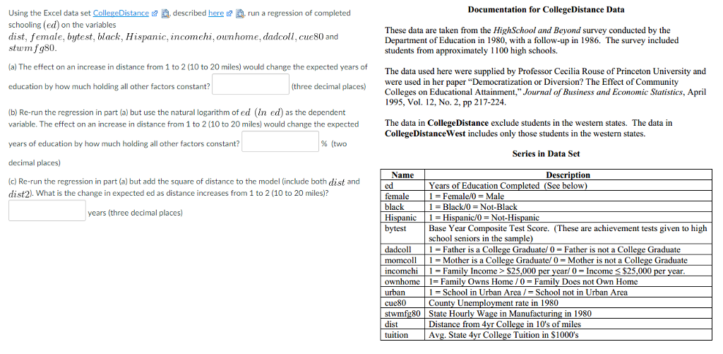Using the Excel data set CollegeDistance described | Chegg.com