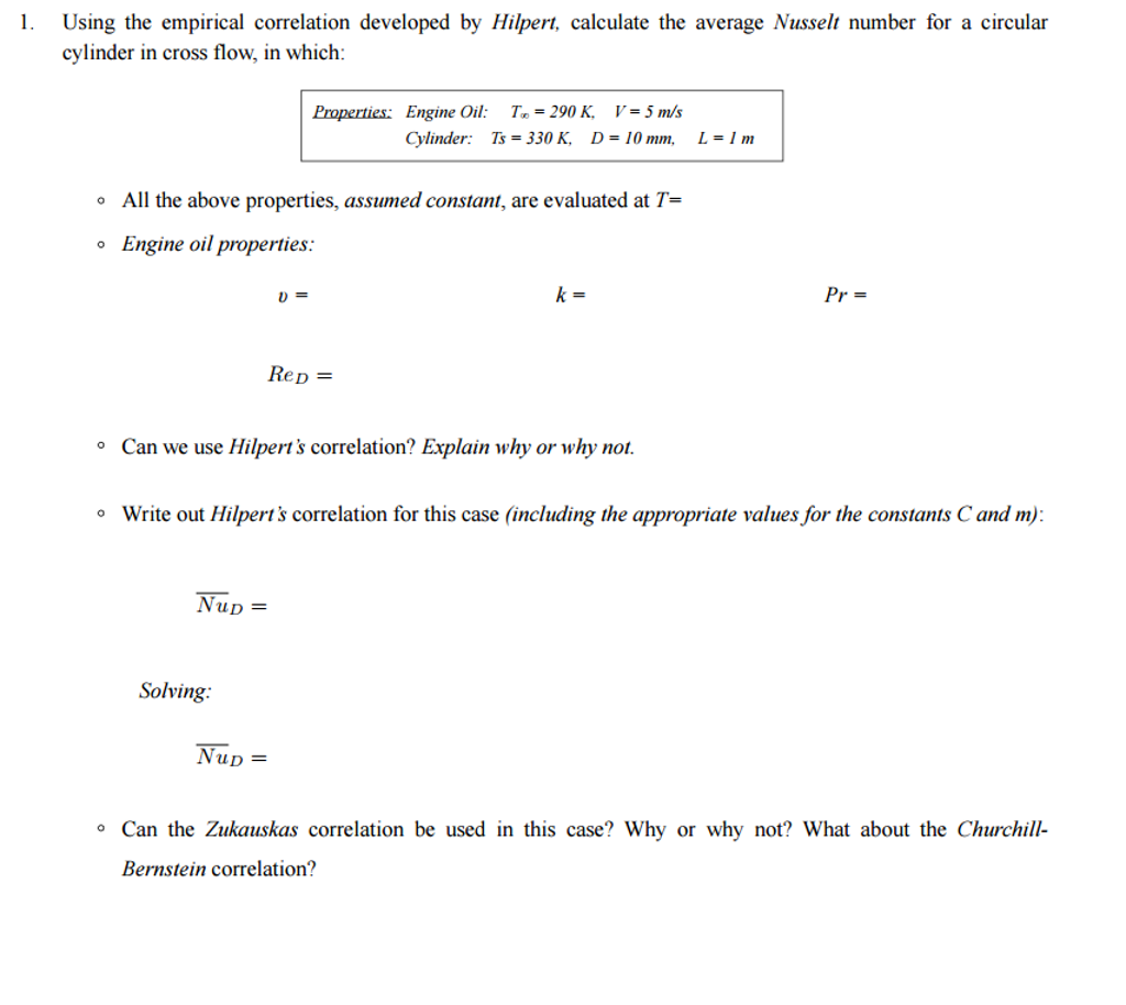 Solved Using the empirical correlation developed by Hilpert, | Chegg.com