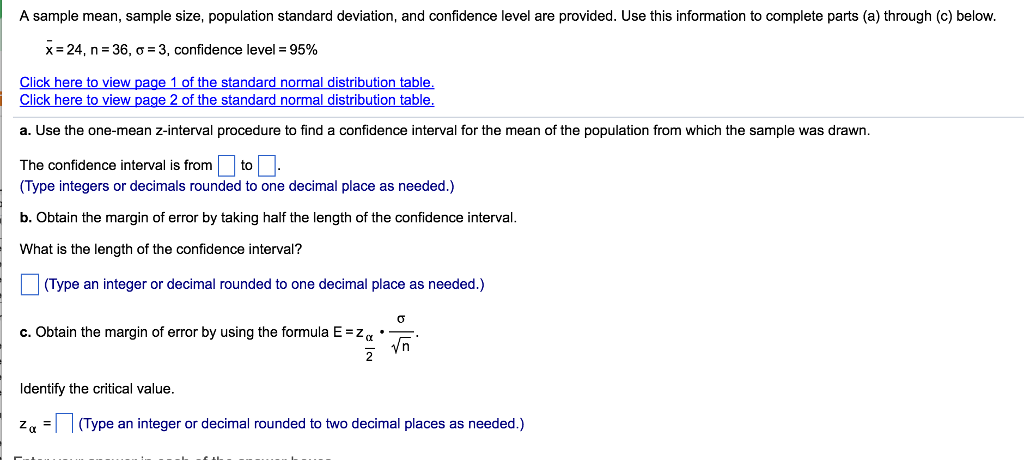 Solved A sample mean, sample size, population standard | Chegg.com