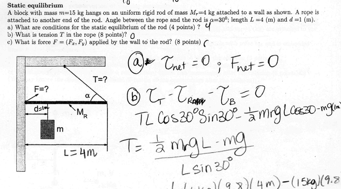 Solved Static equilibrium A block with mass m=15 kg hangs on | Chegg.com