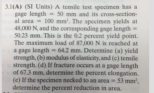 Solved A tensile test specimen has a gage length = 50 mm and | Chegg.com