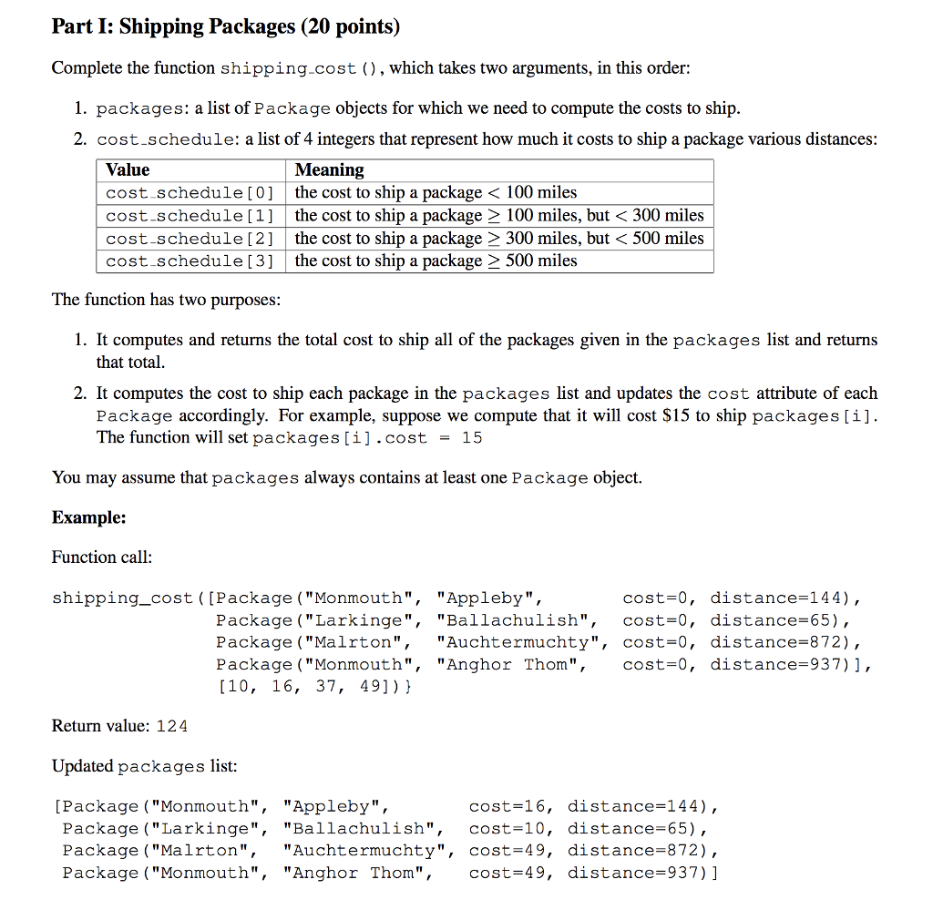 Solved Part I: Shipping Packages (20 points) Complete the | Chegg.com