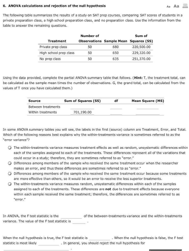 Solved ANOVA calculations and rejection of the null | Chegg.com