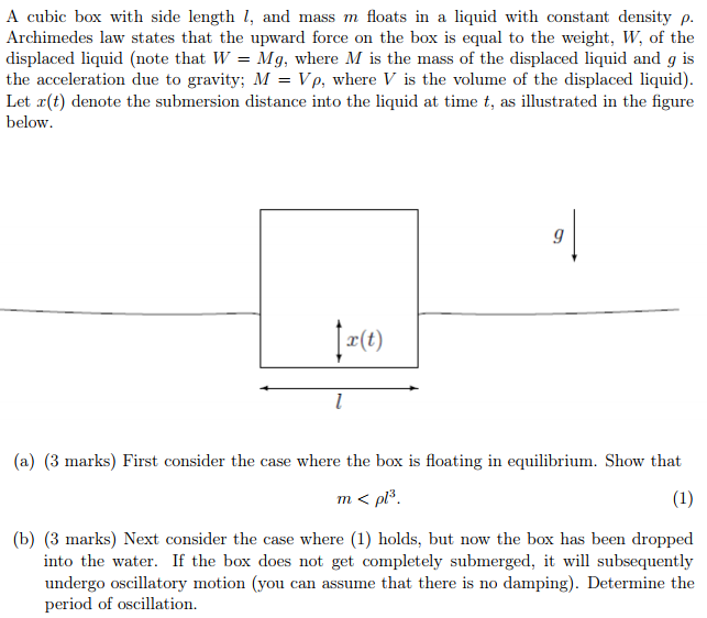Solved A cubic box with side length l, and mass m floats in | Chegg.com