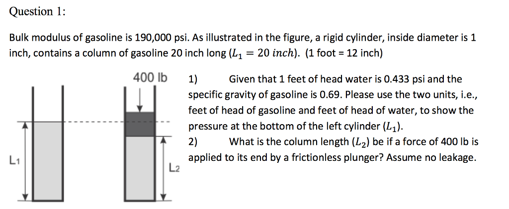 Solved Question 1: Bulk modulus of gasoline is 190,000 psi. | Chegg.com