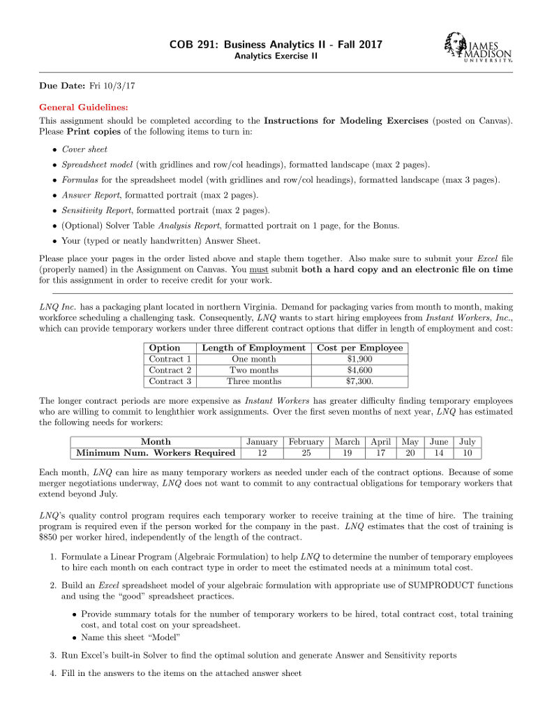 Solved COB 291: Business Analytics II - Fall 2017 Analytics | Chegg.com