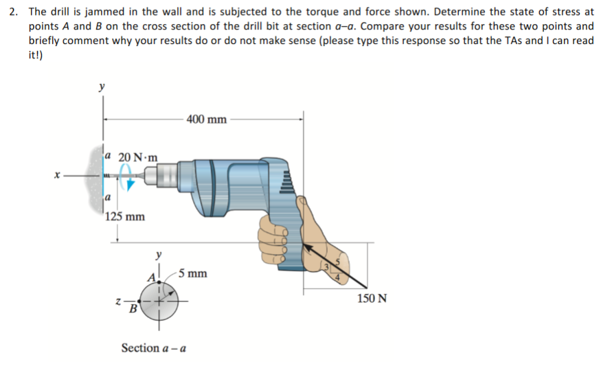 Solved 2. The drill is jammed in the wall and is subjected | Chegg.com